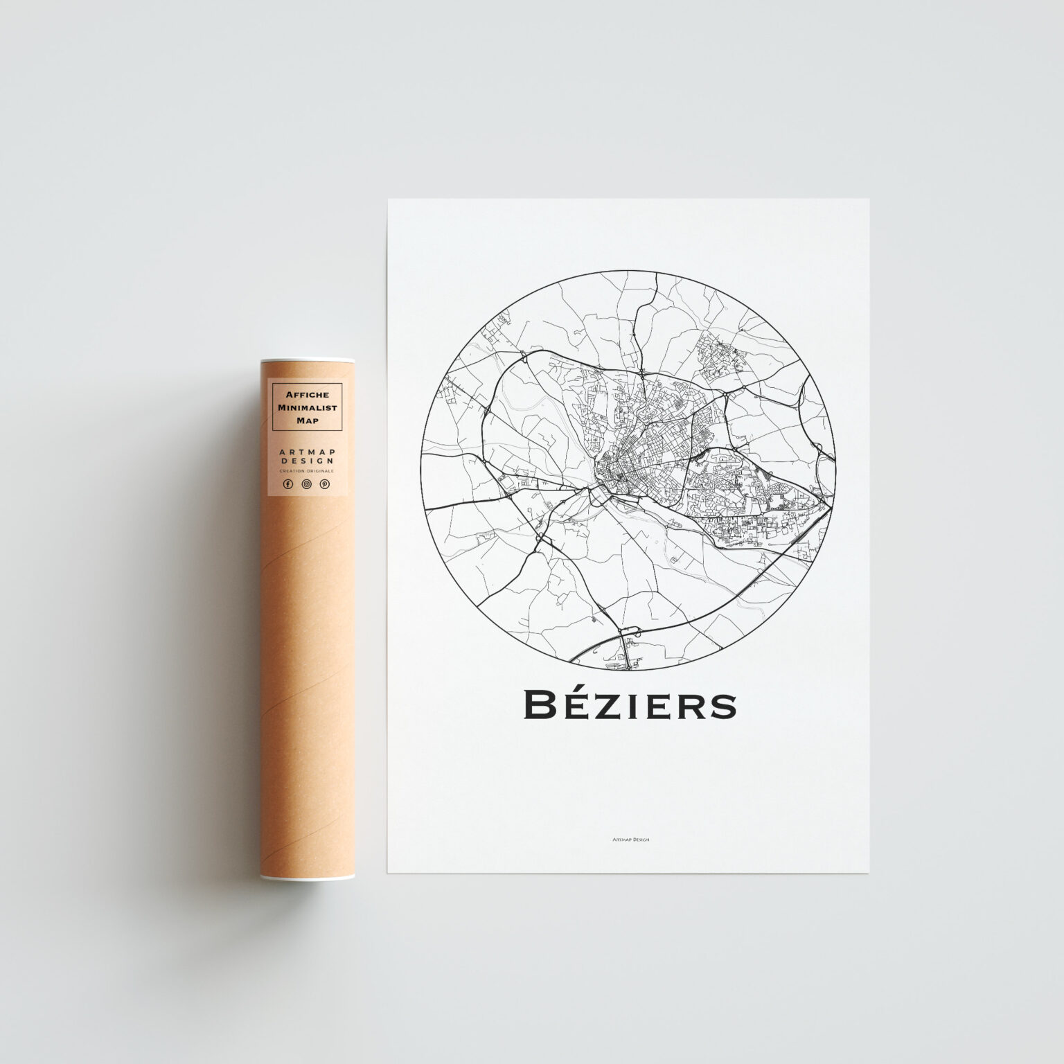 Affiche Poster Béziers France Minimalist Map - ARTMAP DESIGN
