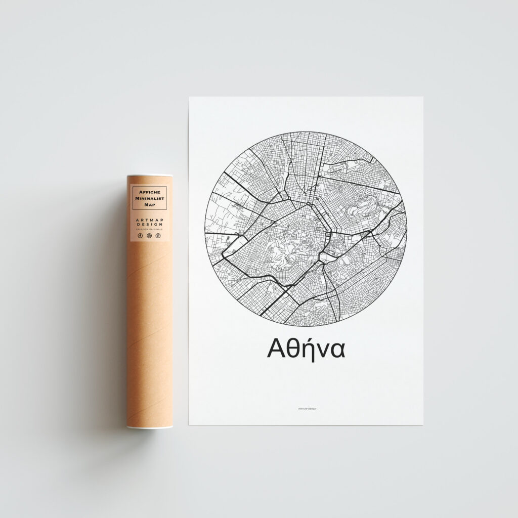 Affiche Poster Athènes Grèce Minimalist Map - Artmap Design